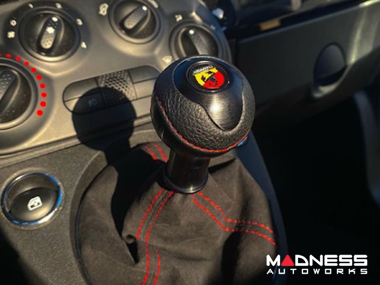 FIAT 500 Gear Shift Knob by BLACK - Black Base/ Black Leather Top + ABARTH Logo - V2, MAD74-8573